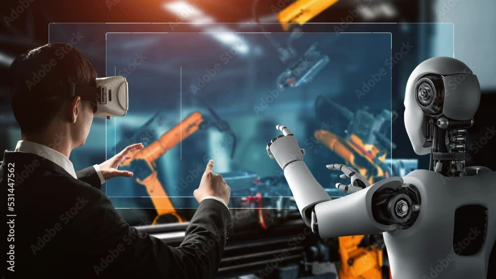 Cybernated industry robot and human worker working together in future ...