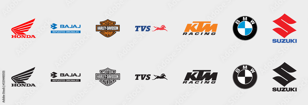 Popular bike company logo. Suzuki, TVS, Bajaj, Harley Davidson, HONDA ...
