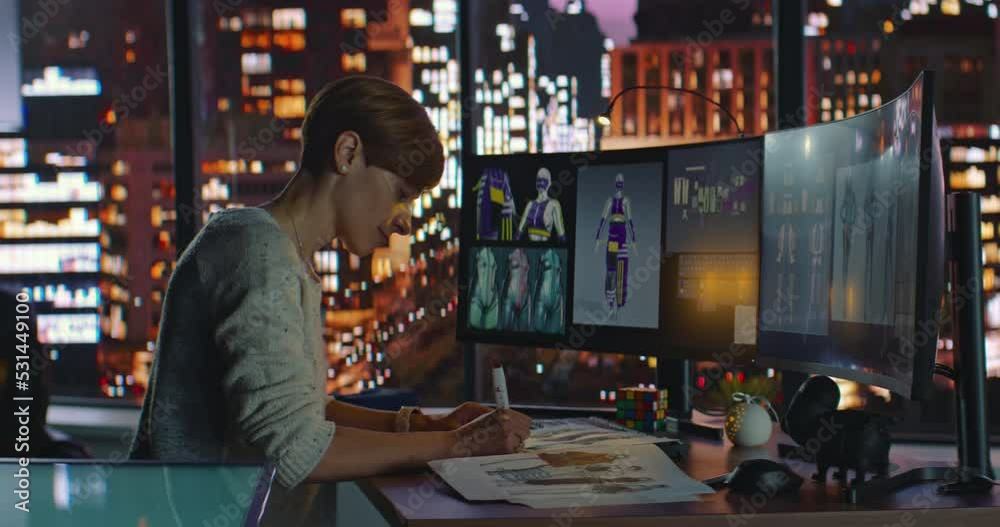 Female Fashion Designer Drawing New Sketches and Creating 3D Virtual ...