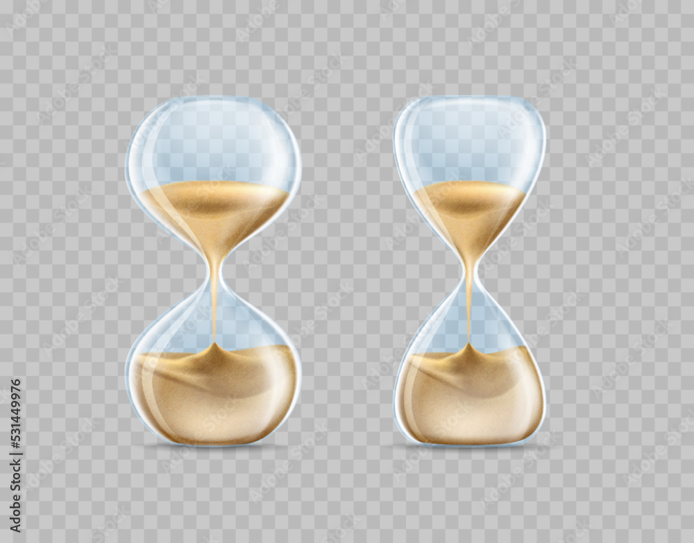 Realistic sand watch. Hourglass shapes. clock. Transparent glass and ...