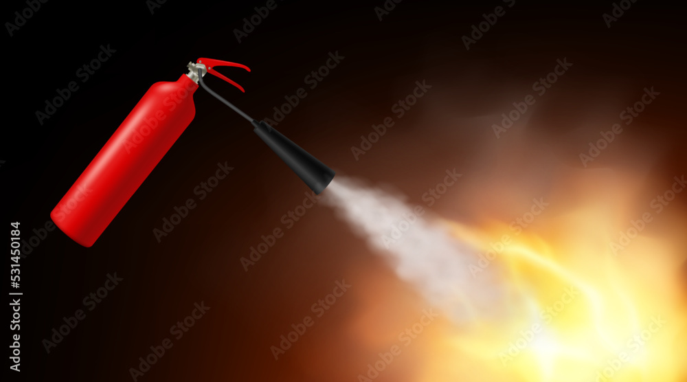 Fire extinguish. Spray foam in hose. Safety equipment. Rescue fireman ...