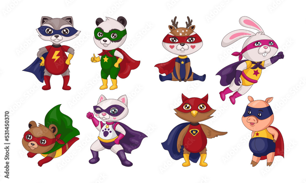 Cute animal hero. Heroic character. Baby superhero stickers set. Cat ...