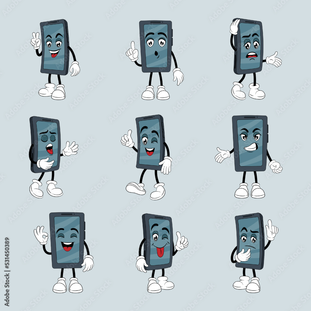 Phone characters. Cartoon mobile devices actions. Smartphones smile and ...