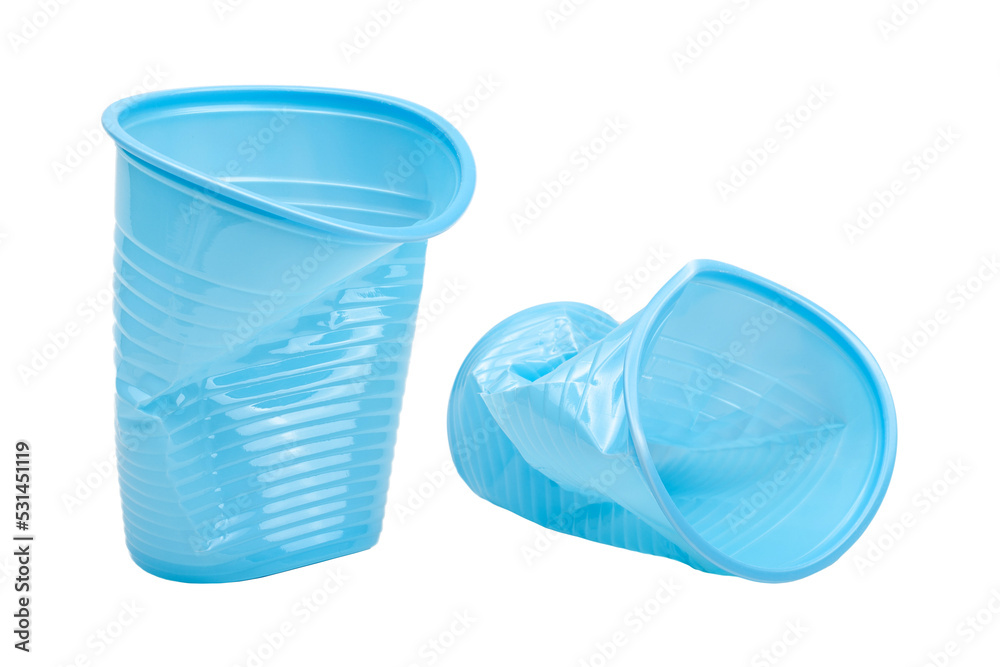 Crushed, damaged, discarded blue empty plastic cups, objects isolated ...
