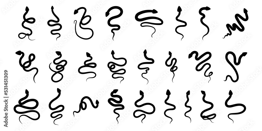 Snake silhouette icons set, simple tails and heads. Serpent collection ...