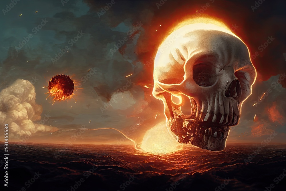 A Skull of fire in the middle of an explosion in the ruin remains of an ...