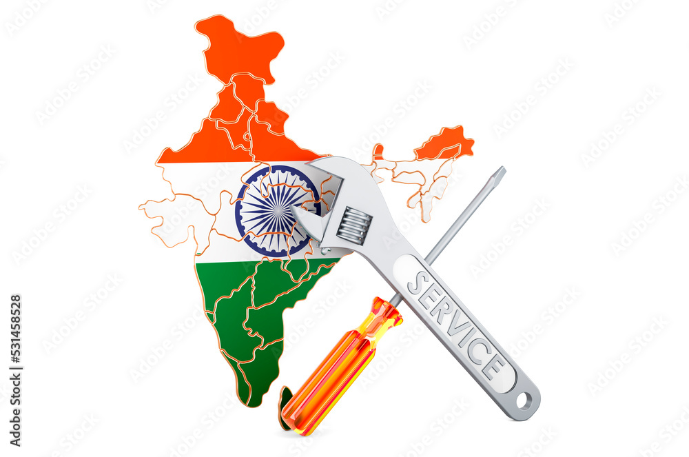 Indian map with screwdriver and wrench, 3D rendering Stock Illustration ...