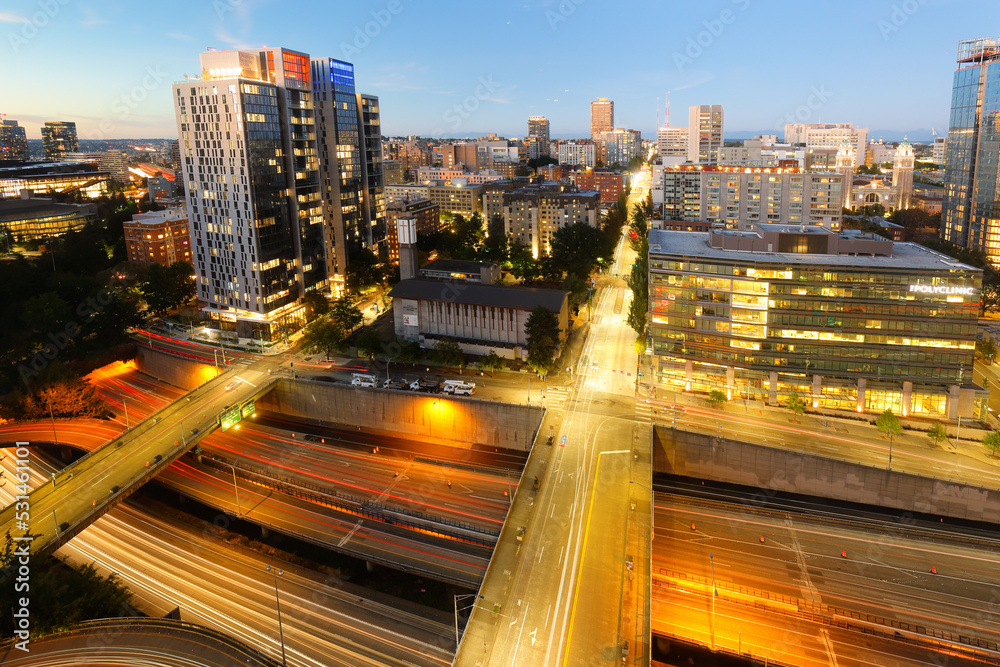 Bird's eye view of the Seattle downtown before sunset. Seattle, a city ...