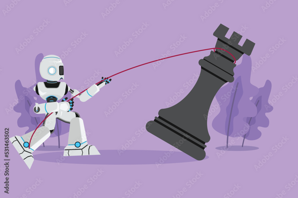 Character flat drawing robot pulling big rook chess with rope. Tactic ...