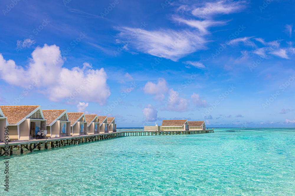 Maldives islands over water villas, bungalow, wooden pier and fantastic ...