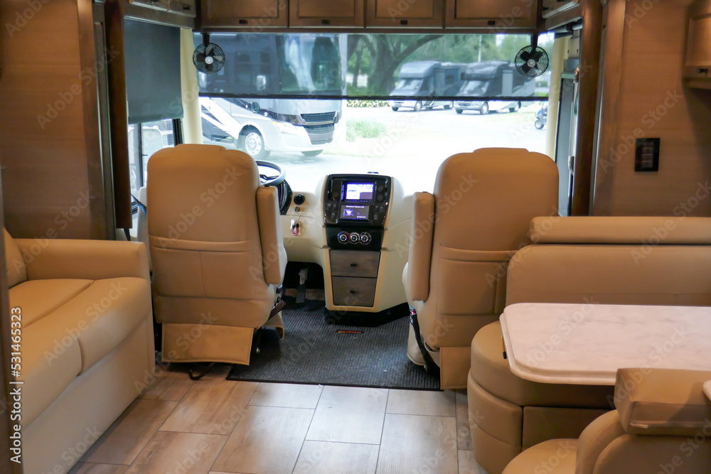 Luxury Class a RV Motorhome front seat cockpit view Stock Photo | Adobe ...
