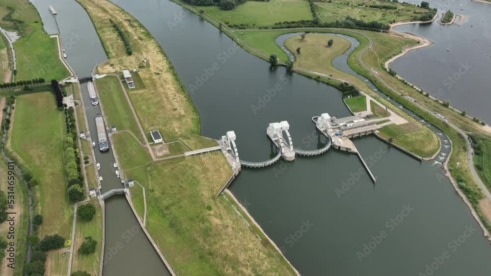 Hydroelectric power plant sluice lock in the river Nederrijn between ...