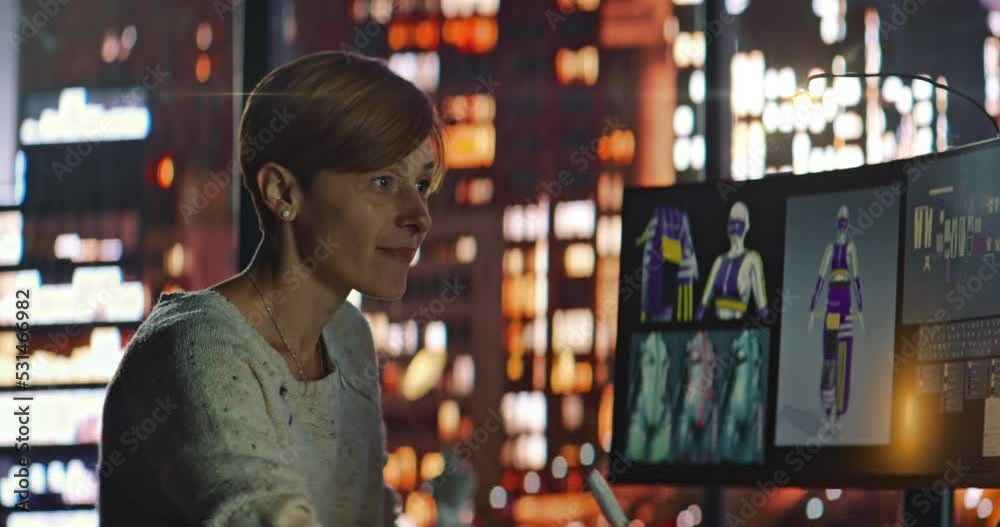 Female Fashion Designer Drawing New Sketches and Creating 3D Virtual ...