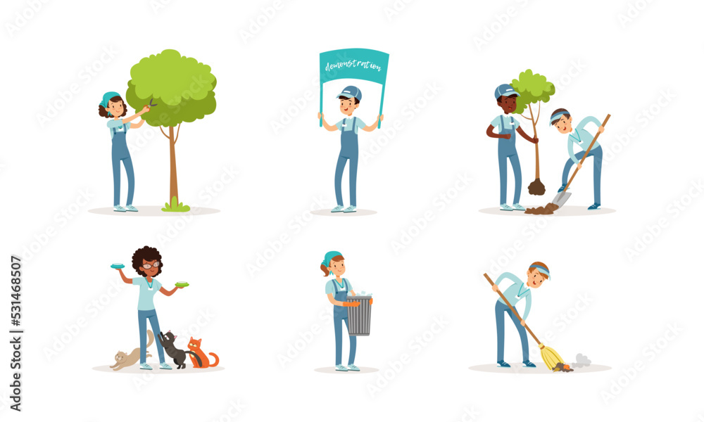 Teenage volunteers set. Children planting trees, feeding homeless ...