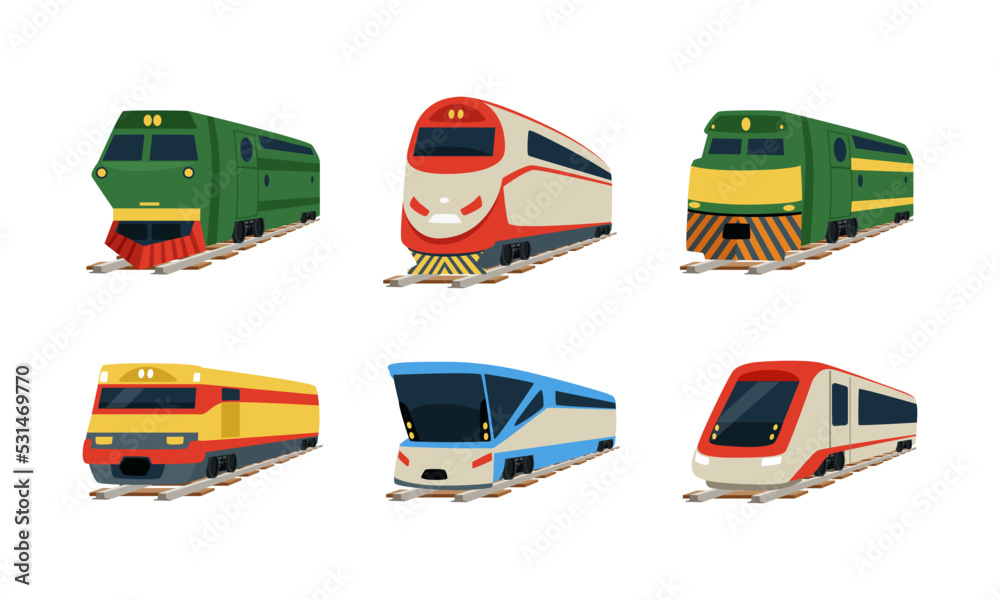 Train locomotives set. Retro and modern freight and passenger rail ...