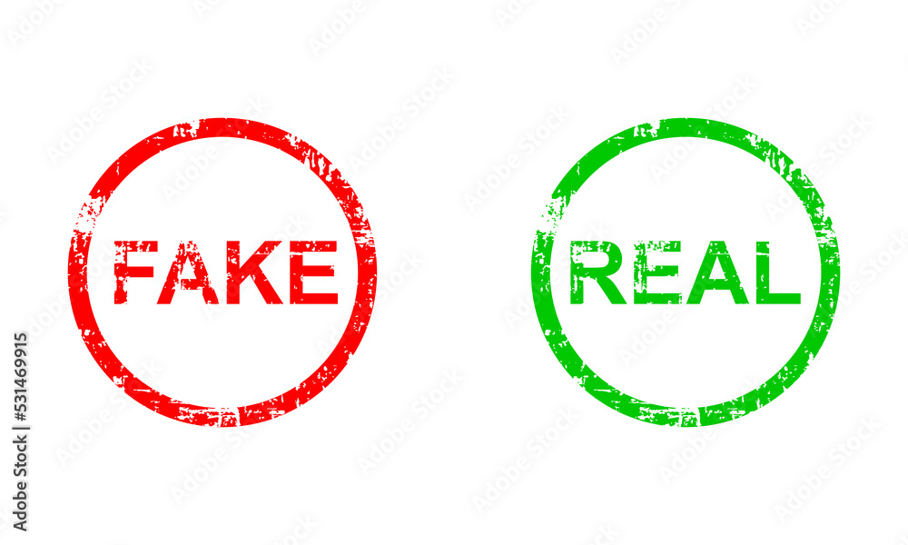Real and fake round stamp in grunge style. Design Real and Fake sign ...