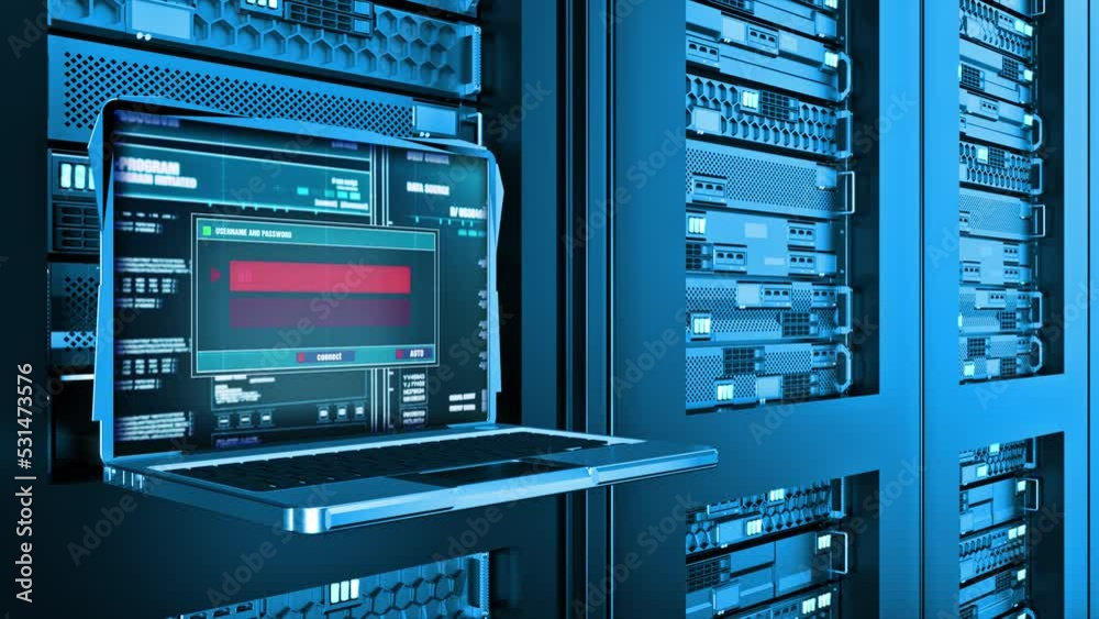 Critical Error Warning Error Alert Text on Computer Screen on server racks data center room ...