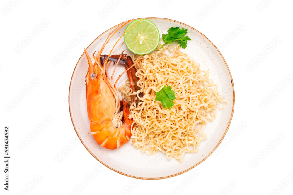 Rice noodles, pasta, Asian with shrimp and vegetables close-up on the ...