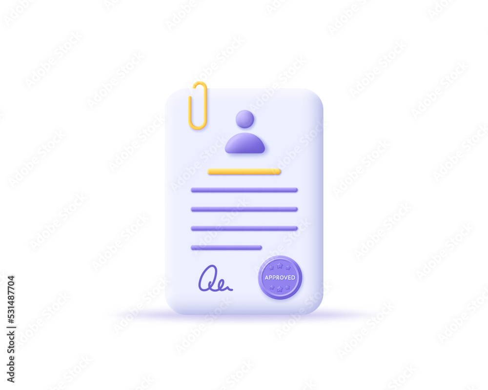 3d contract signing icon. Render approved paper document with signature ...