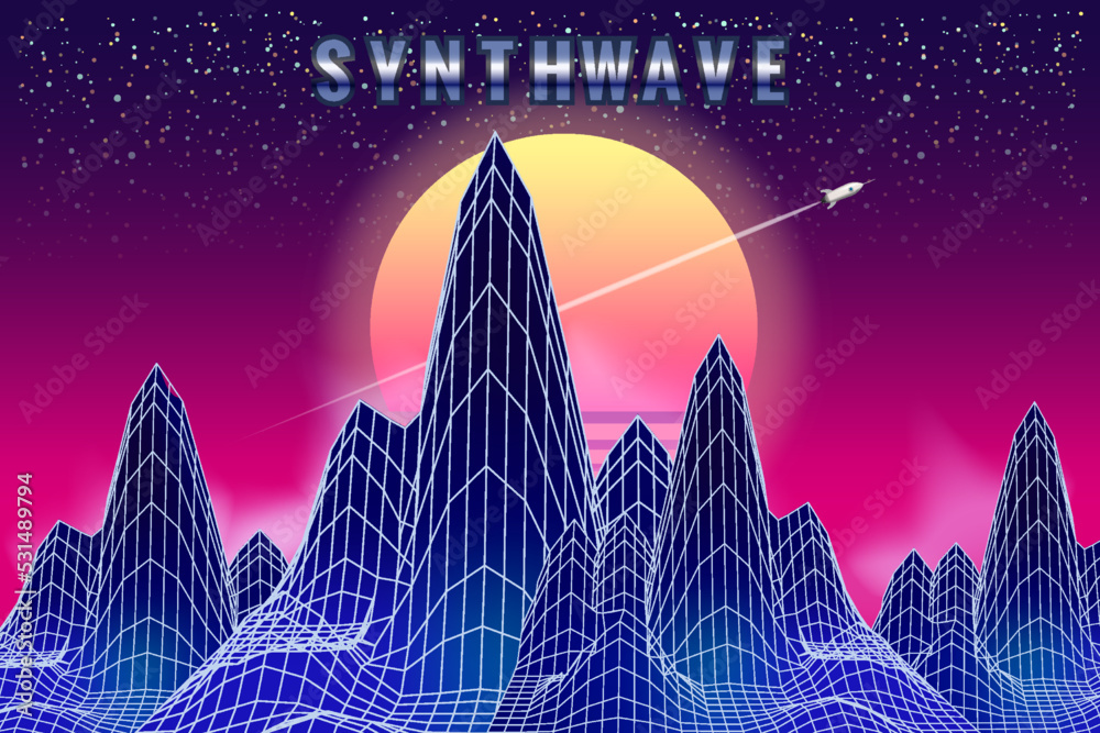 Synthwave retro banner vaporwave aesthetic background. Mountains ...