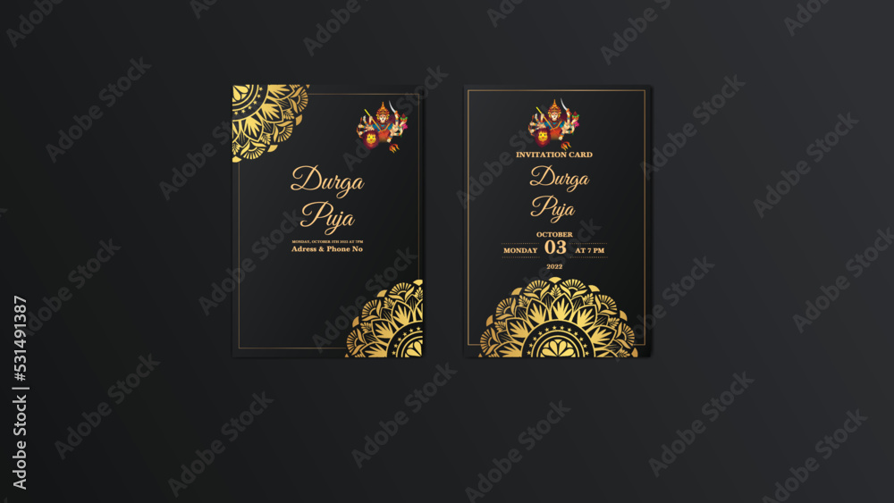Luxury vintage golden vector invitation card template. Happy Durga Puja ...