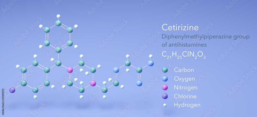 cetirizine, molecular structures, antihistamine, ball and stick 3d ...