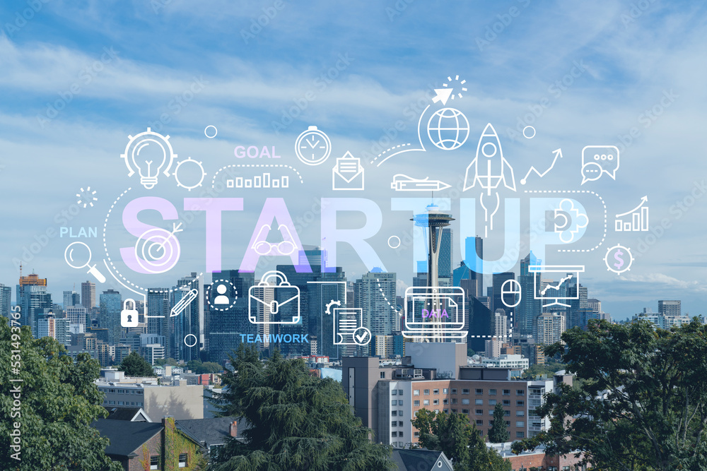 Seattle skyline panorama from Kerry Park. Skyscrapers of financial ...