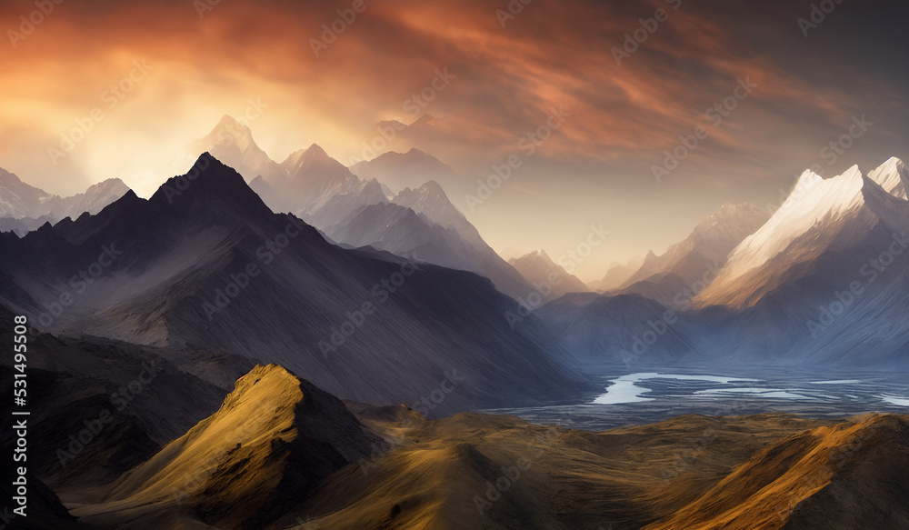 Sunset view of the Himalayas near the Himalayan mount mt Everest ...