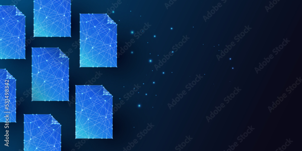 Futuristic paper documents on dark blue background horizontal banner ...