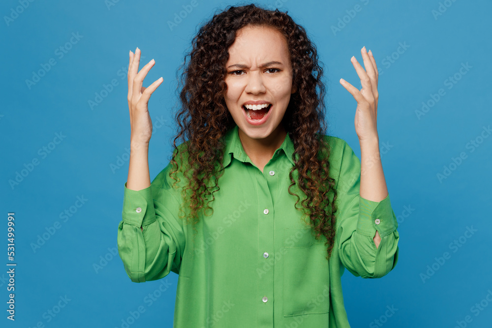 Young angry mad sad woman of African American ethnicity 20s she wearing ...