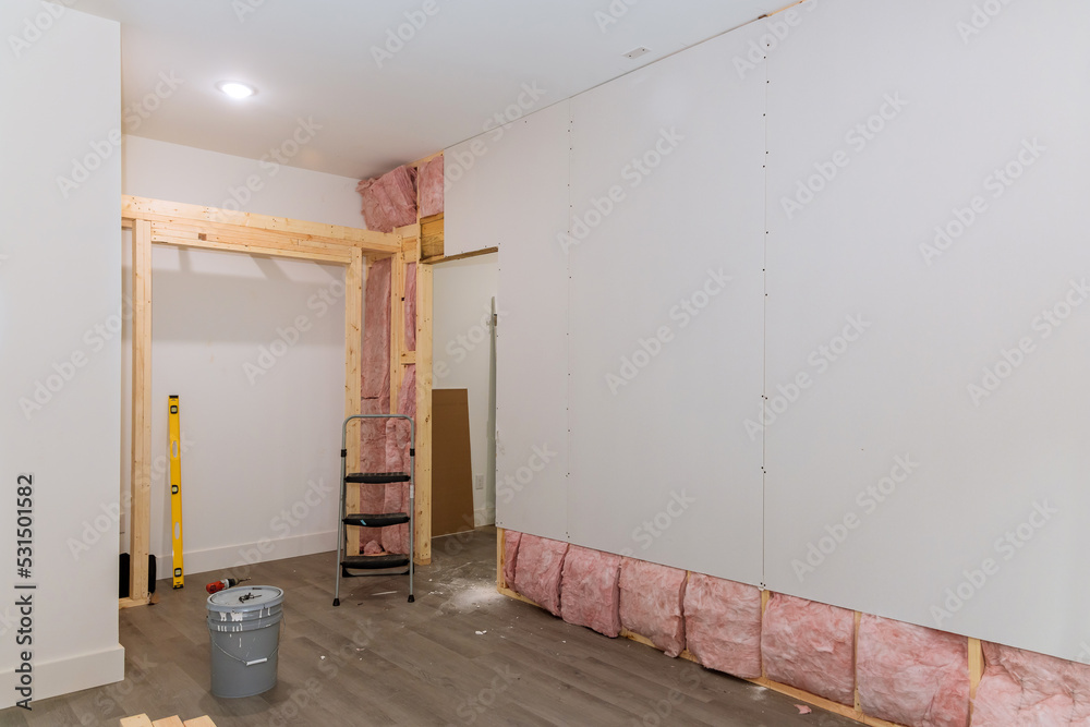 After installing thermal and sound insulation for new home drywall is ...