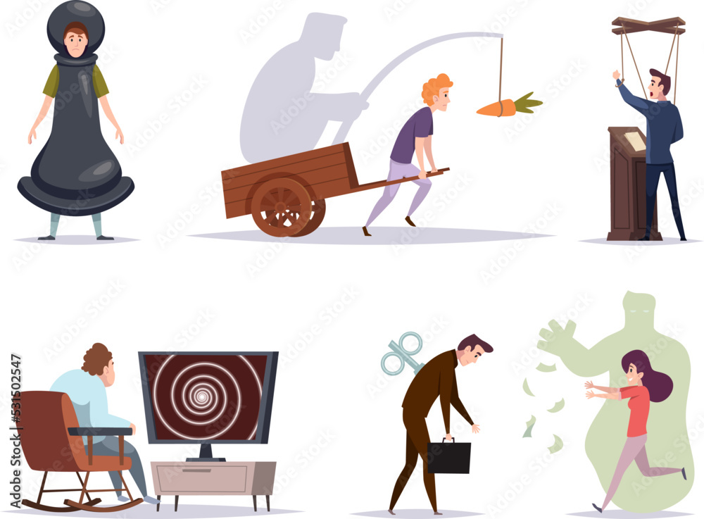 People manipulation. Psychology puppets controlling persons businessmen ...