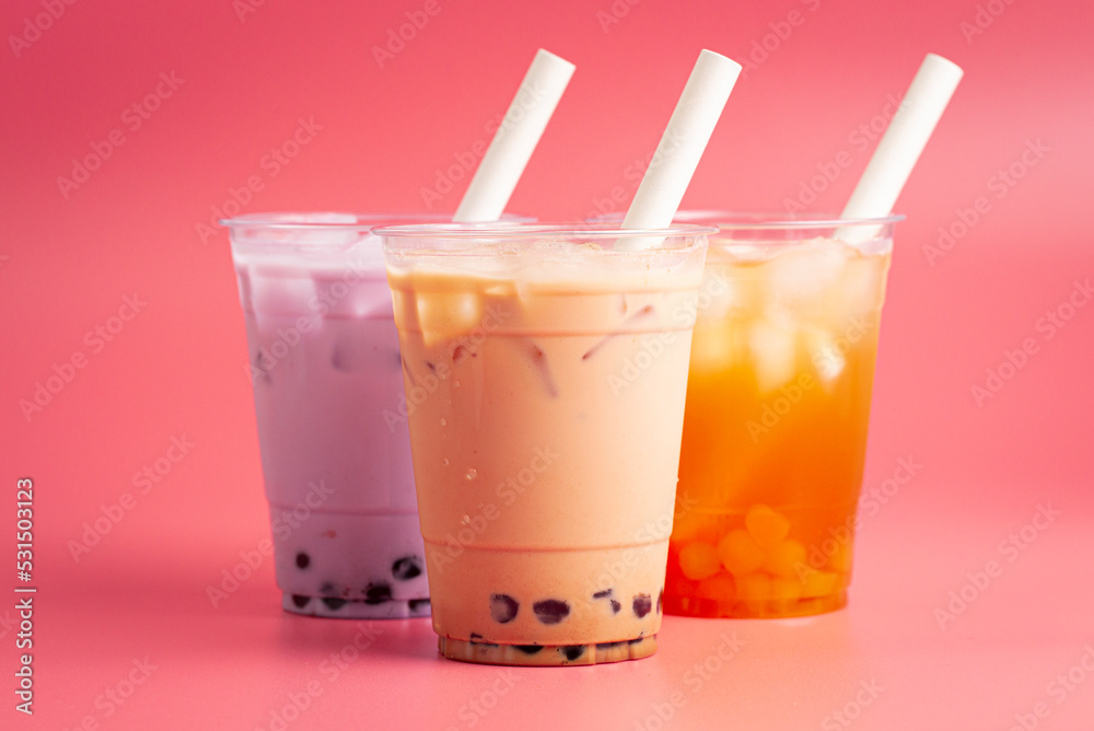 Three Different Types of Boba Tea on a Bright Pink Background Stock ...