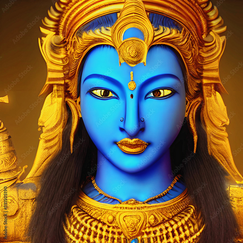 illustration closeup of lord shiva face with blue skin long hair and ...