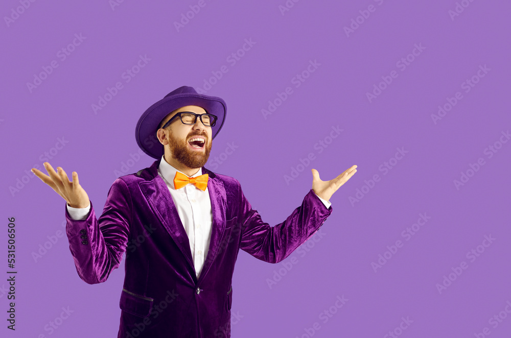 Happy guy having fun and dying with laughter. Man hears funny joke and ...