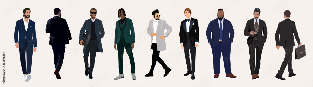 Business men in different poses, walking and standing, wearing formal ...