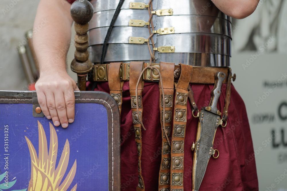 Details with the armor and clothing of an Ancient Roman soldier during ...