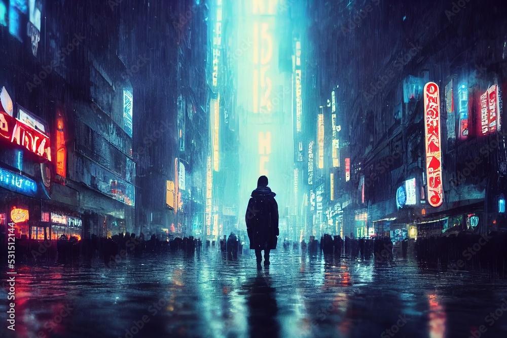 A futuristic neon city. A man in a raincoat walks down the street of ...