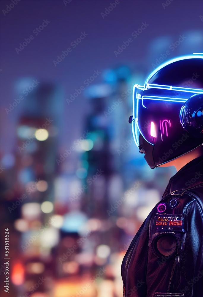 Portrait of a fictional futuristic female pilot in an aviation helmet ...