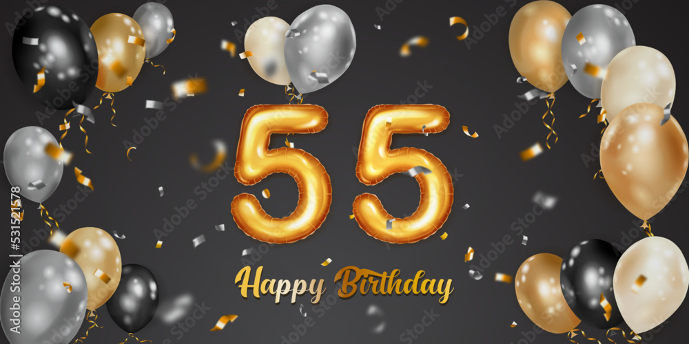 Festive birthday illustration with white, black and gold helium ...