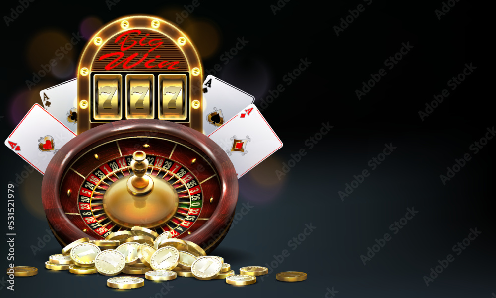 Casino Illustration with roulette wheel , poker cards , slot machine ...