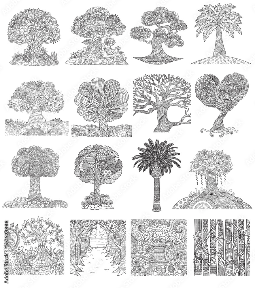 16 Trees set for coloring pages, engraving, wood cutting, and so on ...