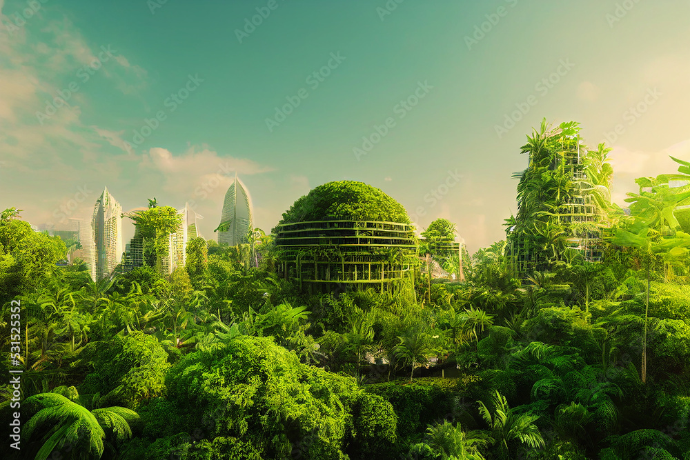 Environment Friendly Tropical Green Utopia City 3D Art Illustration ...