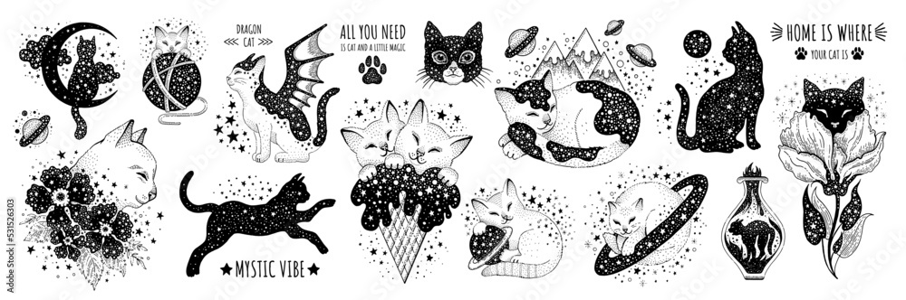 Space cats set. Mystic anime art. Gothic witch esoteric tattoo. Black ...