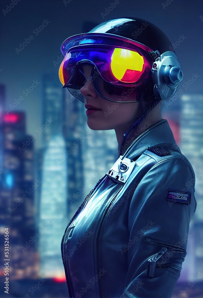 Portrait of a fictional futuristic female pilot in an aviation helmet ...
