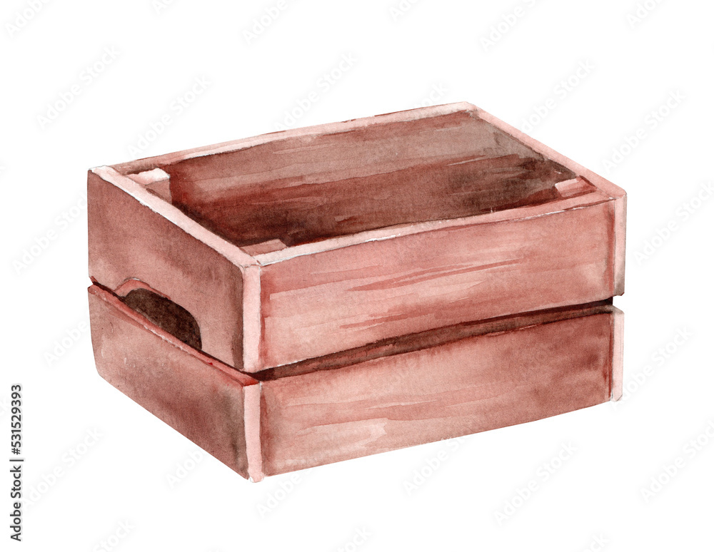 Wooden box. Hand drawn watercolor painting isolated on white background ...