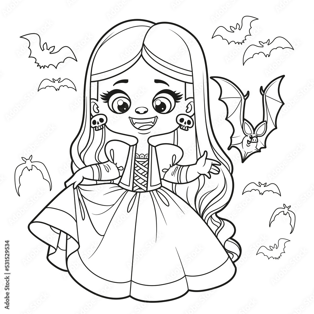 Cute cartoon long haired girl in a Halloween vampire costume with bats ...