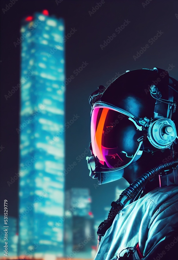 Portrait of a fictional futuristic pilot in an aviation helmet and ...