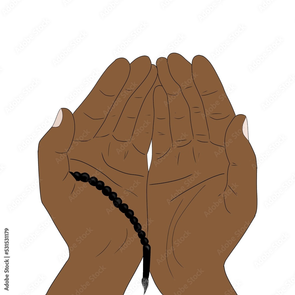 Two hands making Dua (Islamic prayer), also holding black tasbih. the ...