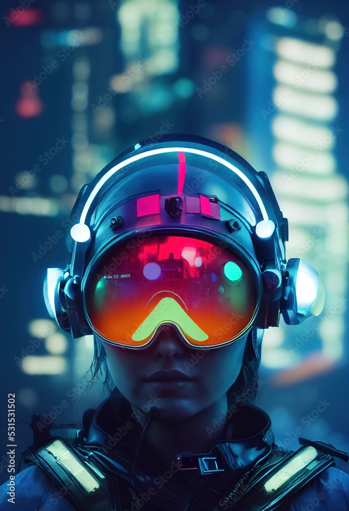 Portrait of a fictional futuristic female pilot in an aviation helmet ...
